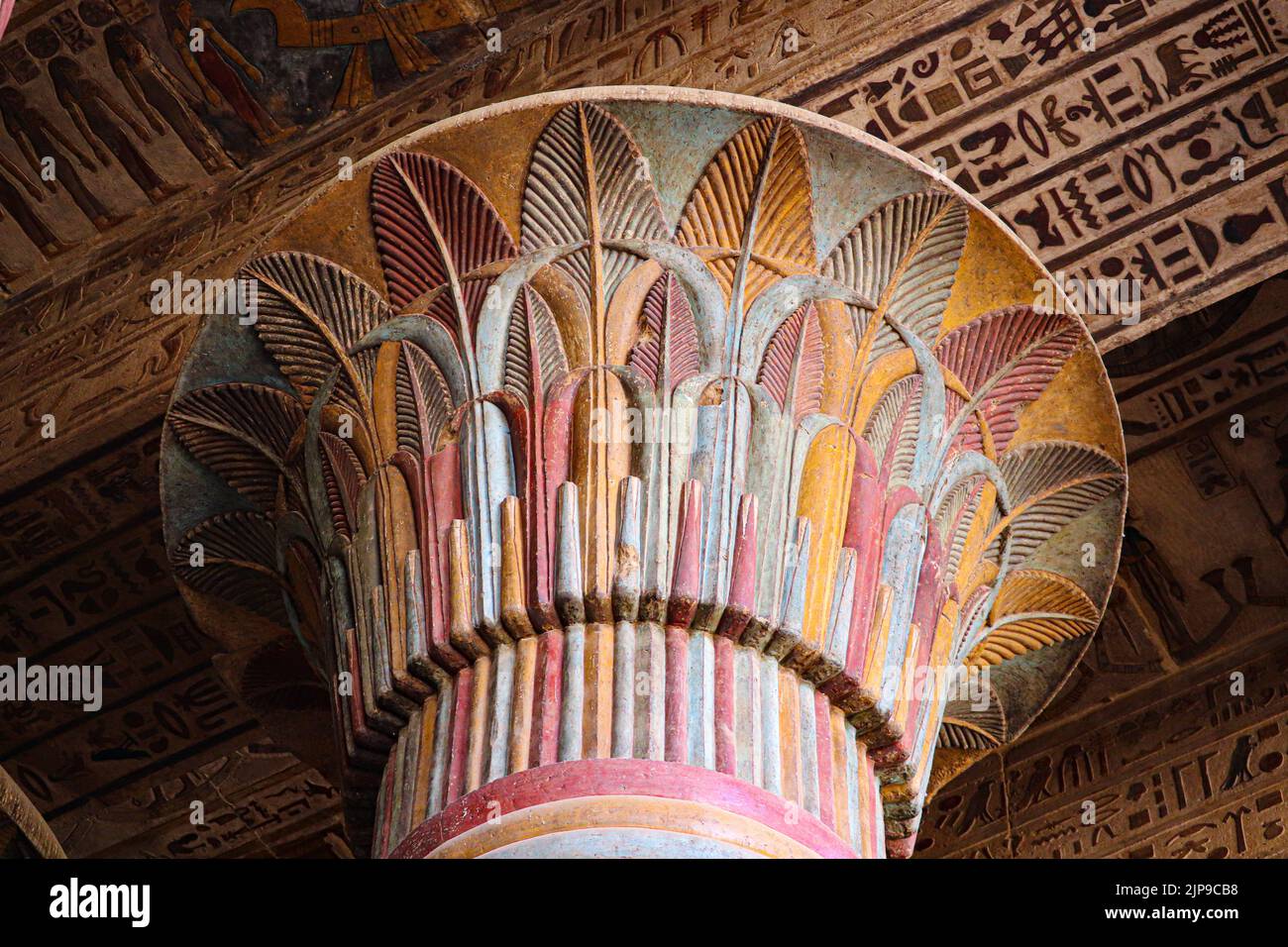 colorful decorated columns in temple of Khnum, Esna, Egypt Stock Photo ...