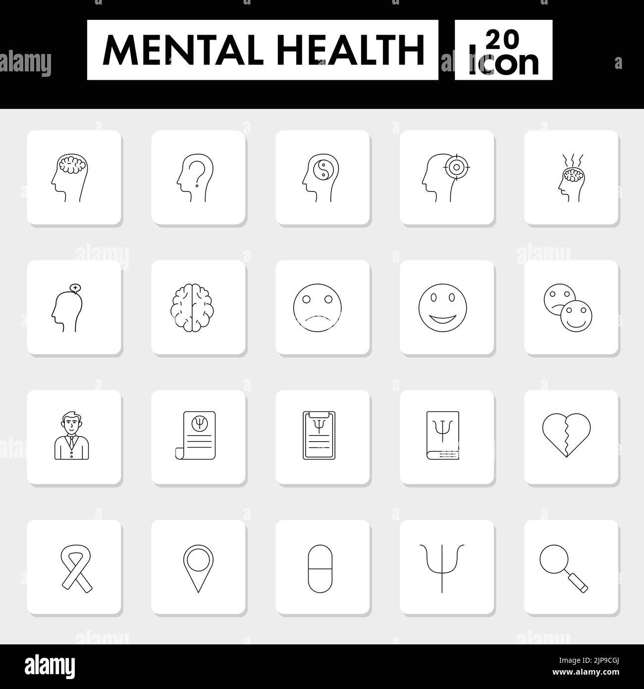Black Thin Line Art Of Mental Health Square Icon Set Stock Vector Image ...