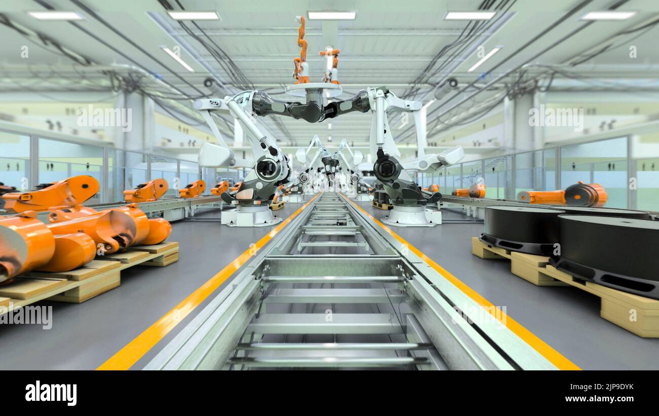 This is a high detailed 3D image of a Robotic Factory, where Industrial ...