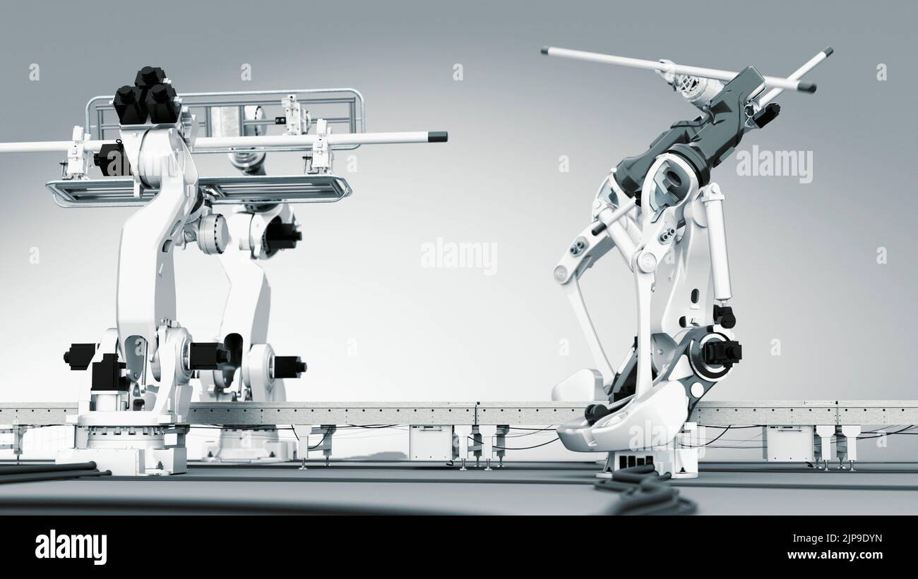 This is a high detailed 3D image of two industrial robots, showing off ...