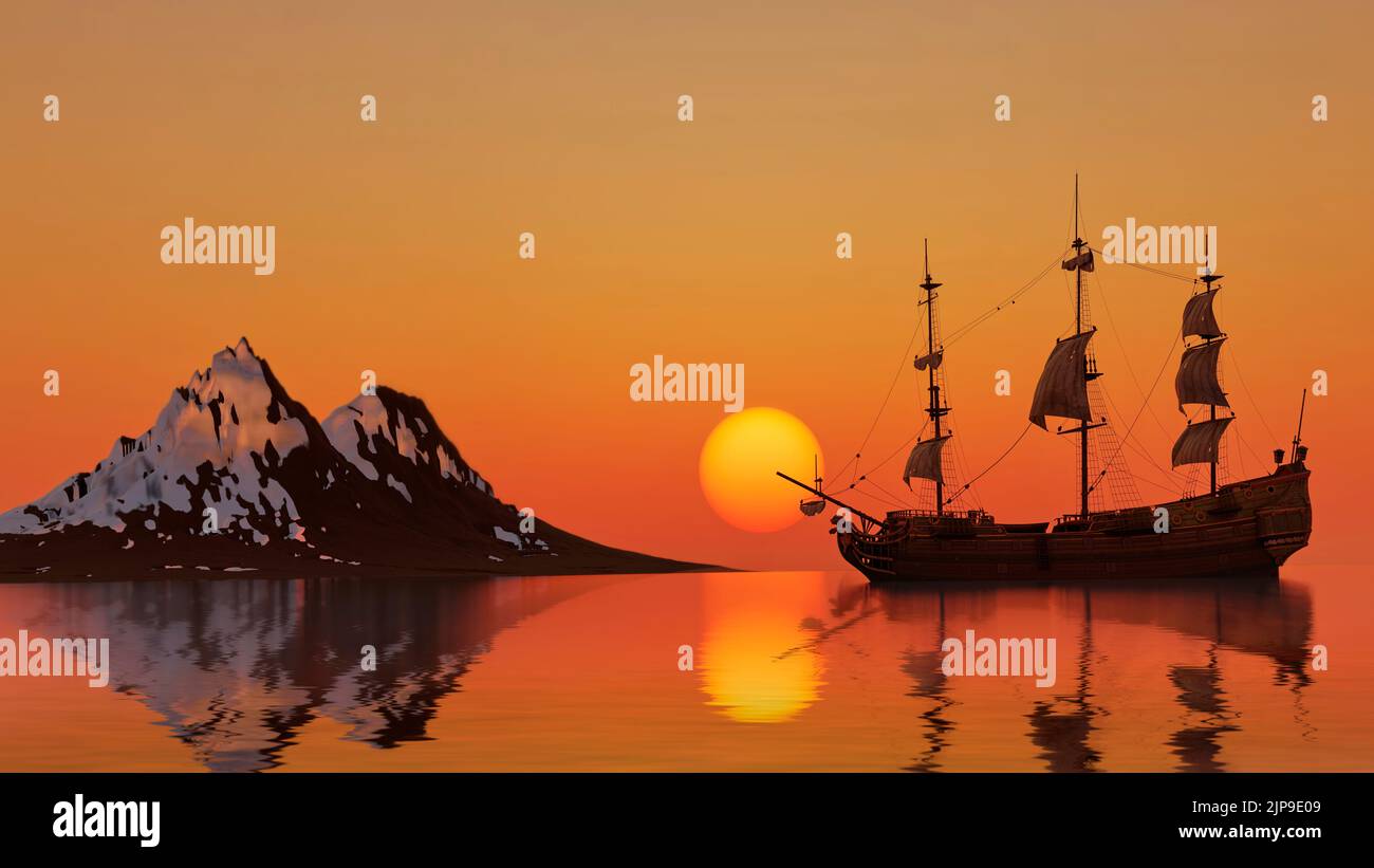 old sailing ship sunset bright sun beautiful landscape with a sailboat ...