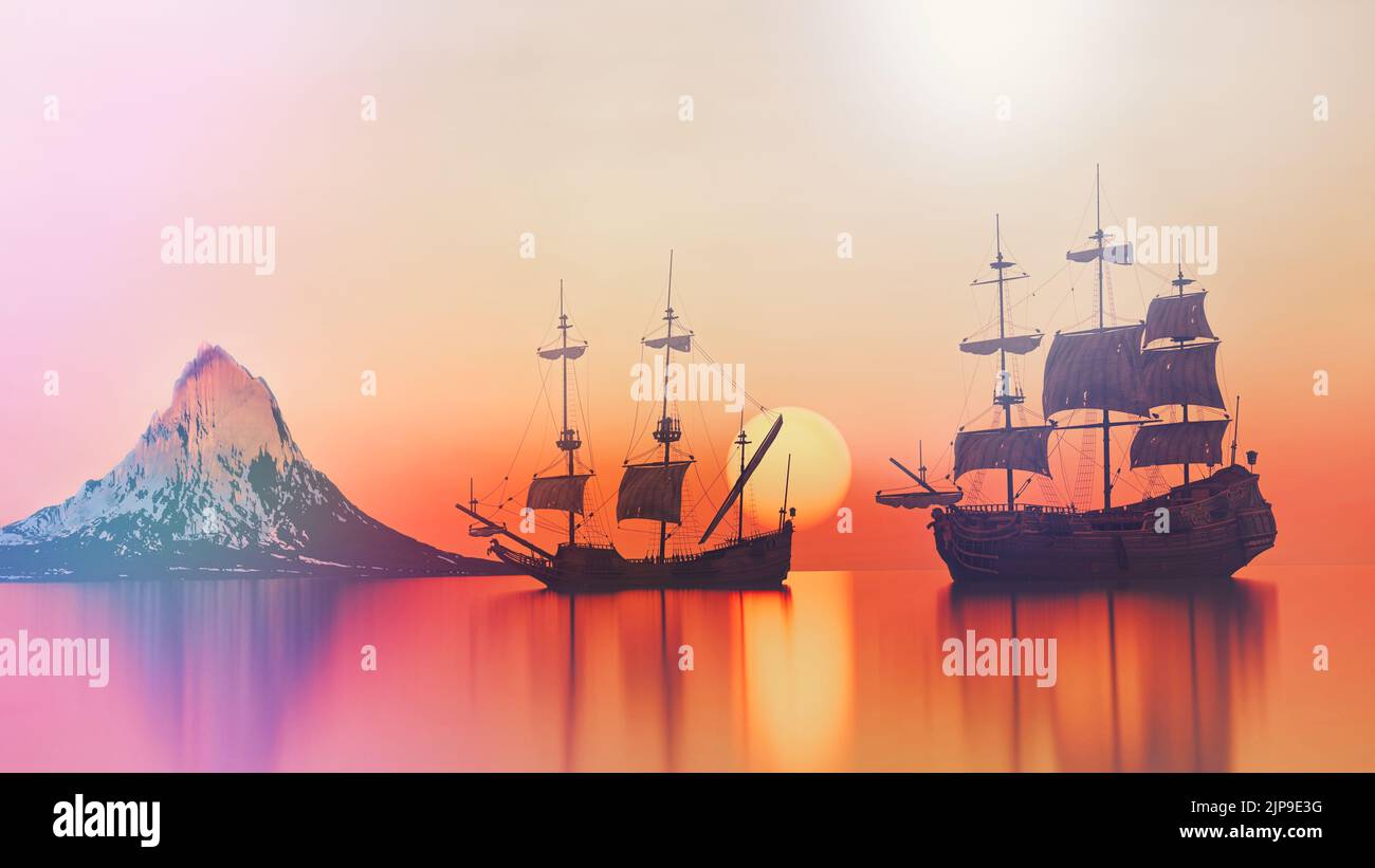 old sailing ship sunset bright sun beautiful landscape with sailboats ...