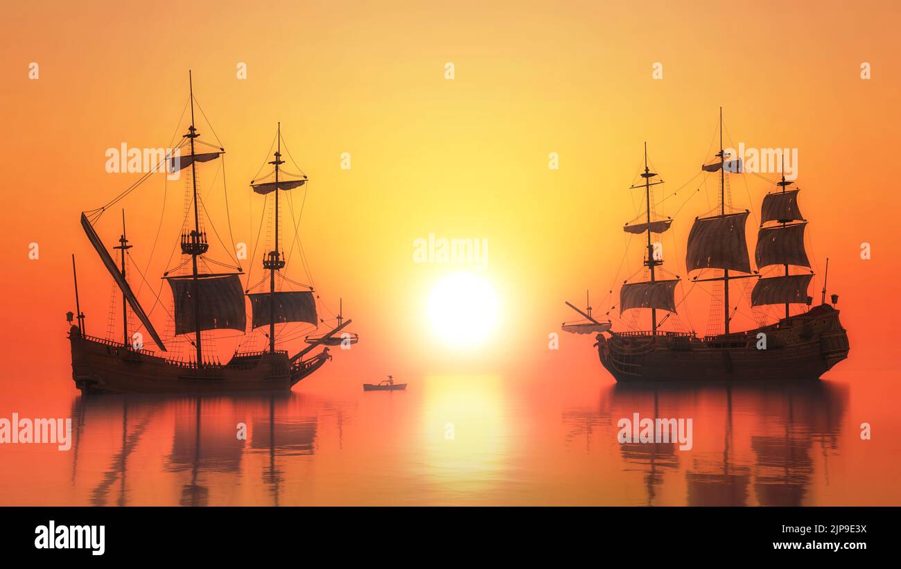 old sailing ship sunset bright sun beautiful landscape with sailboats ...