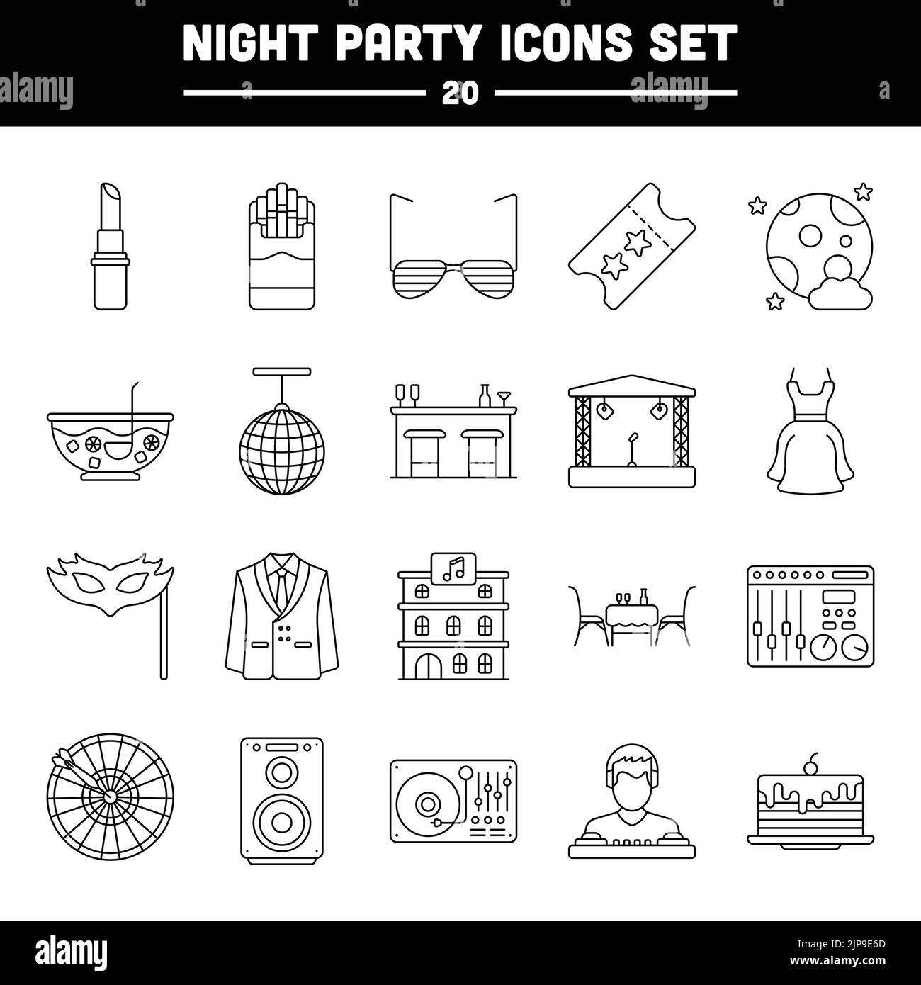 Black Line Art Set Of Night Party Icons In Flat Style Stock Vector ...