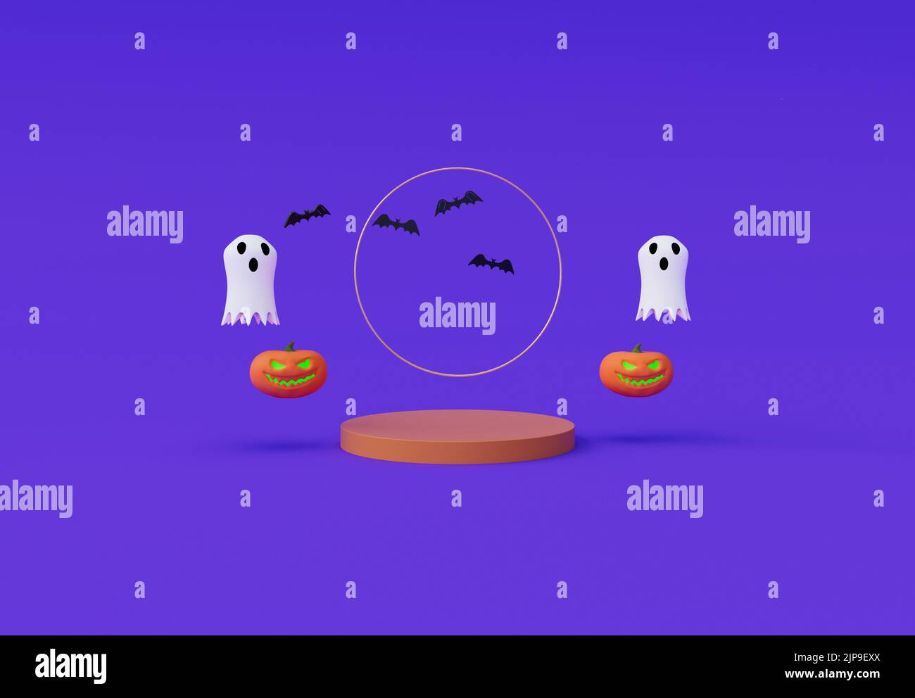 3d rendering of Halloween flying spooky, ghost, pumpkin, podium, bat ...