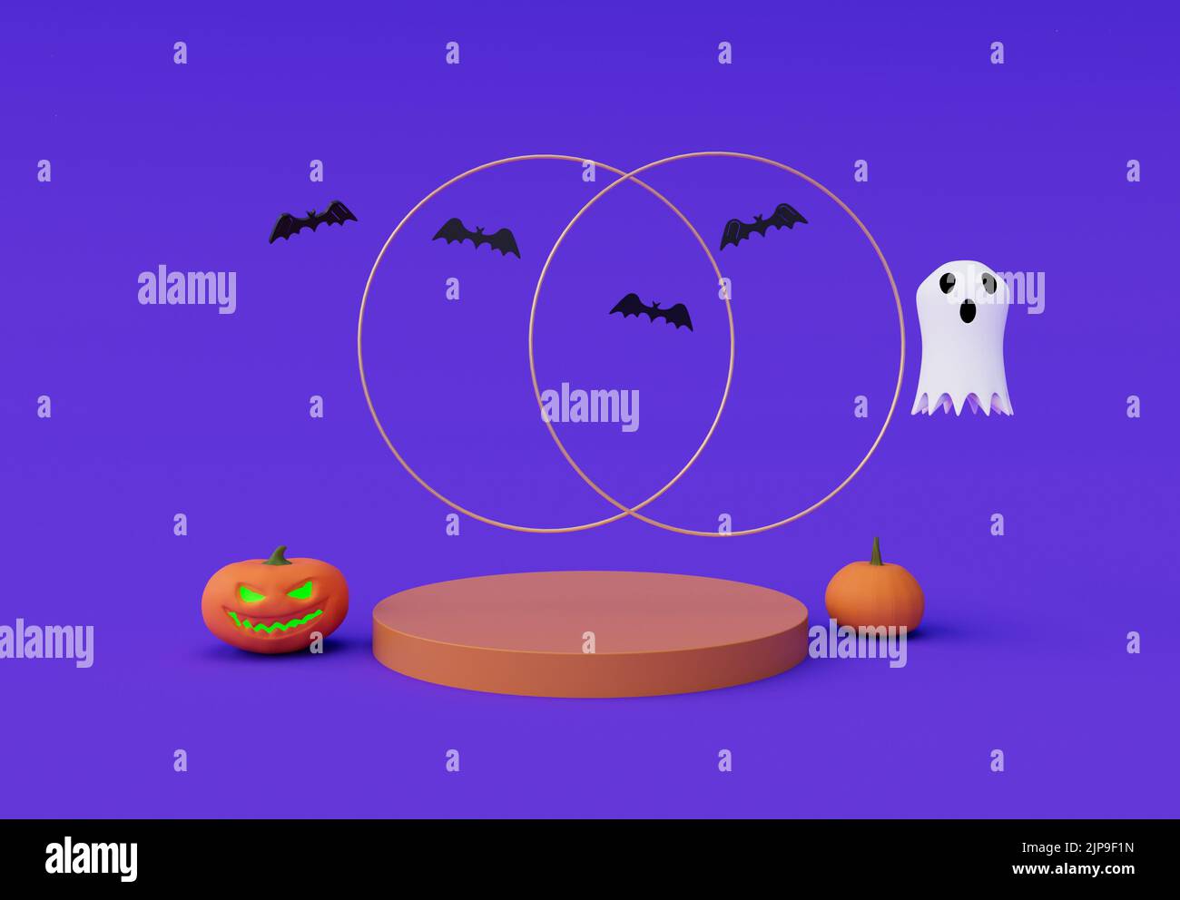 3d rendering of Halloween flying spooky, ghost, pumpkin, podium, bat ...