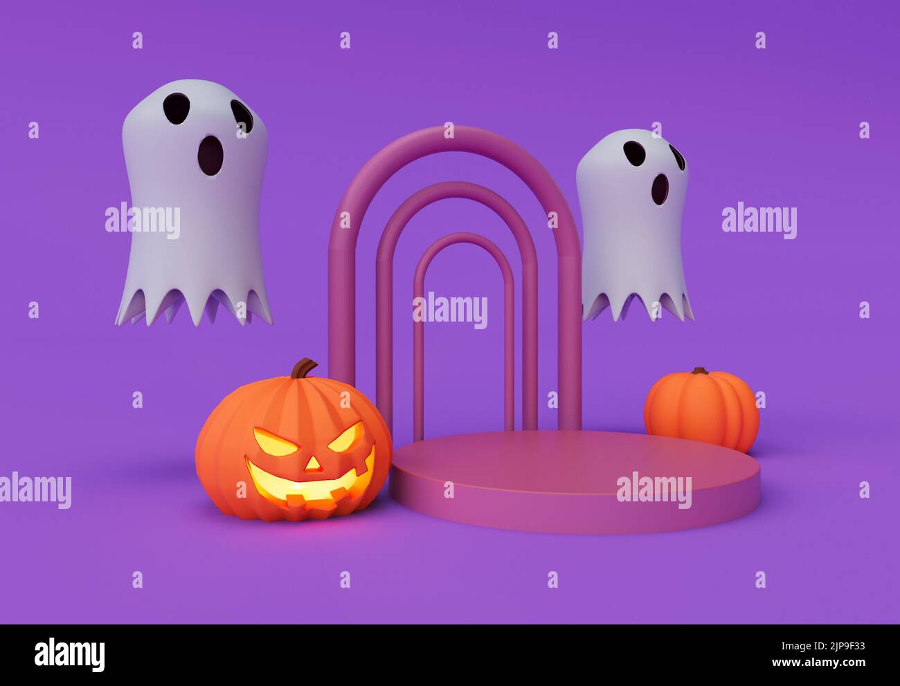 3d rendering of Halloween flying spooky, ghost, pumpkin, podium ...
