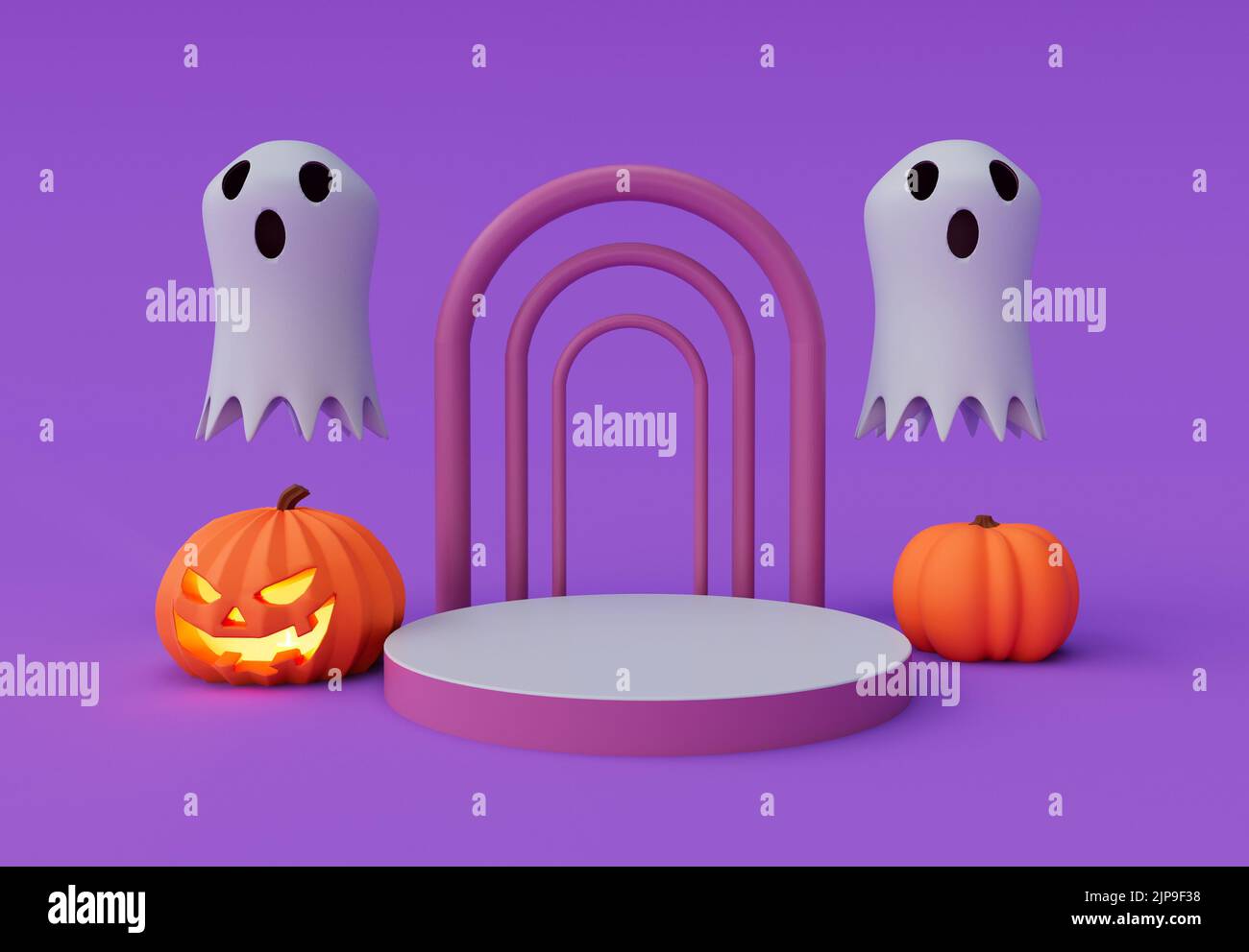 3d rendering of Halloween flying spooky, ghost, pumpkin, podium ...