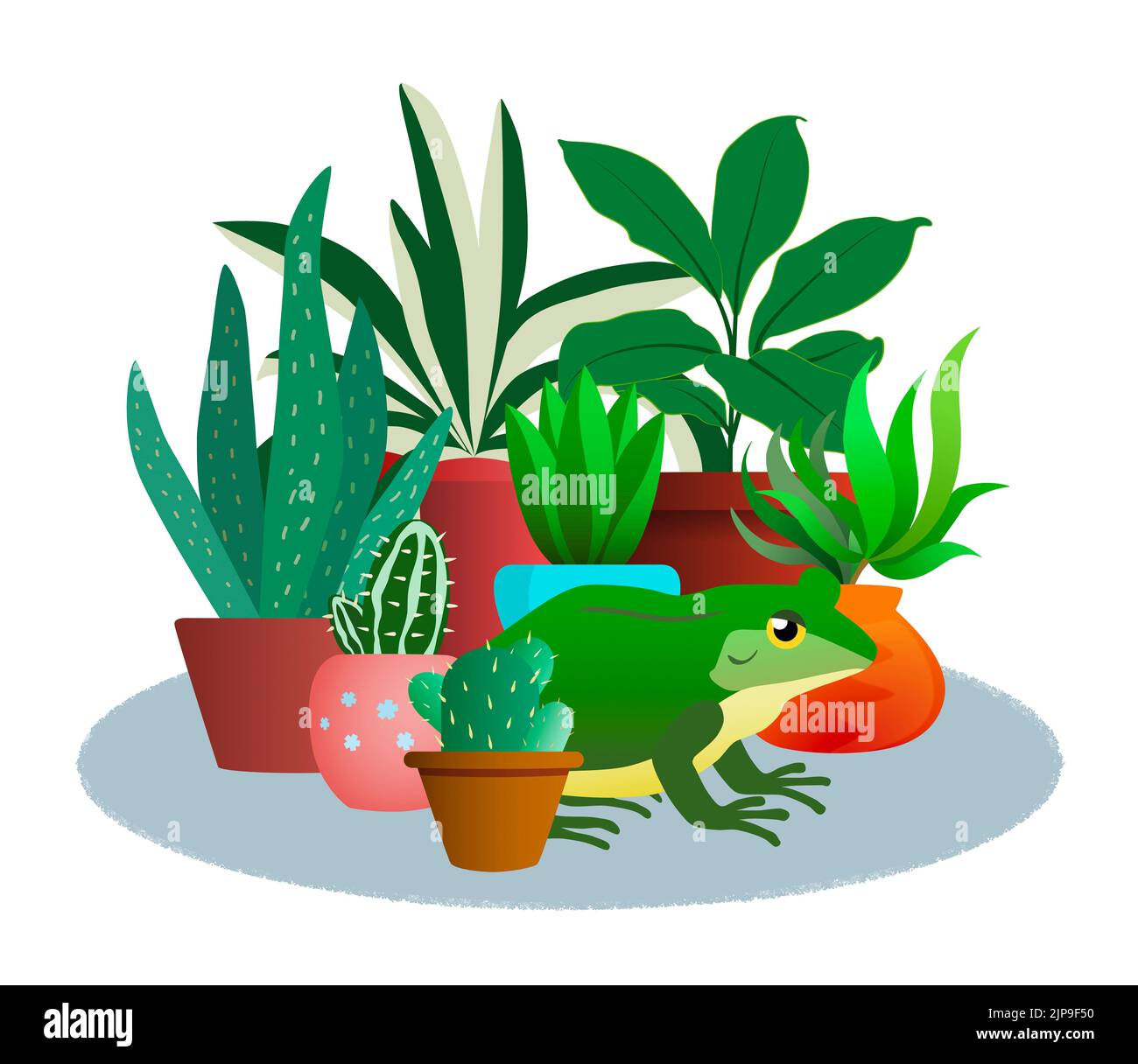 A still-life illustration of a green frog sitting among various potted ...