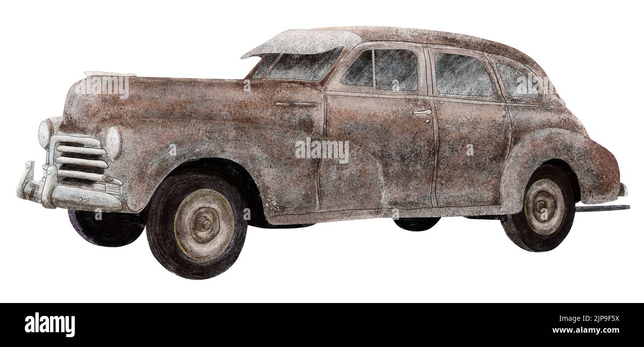 Graphic illustration of an old rusty old car isolated on a white ...