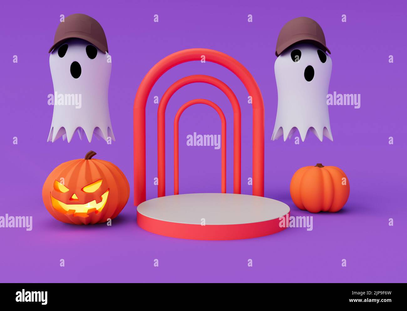3d rendering of Halloween flying spooky wth cap, ghost, pumpkin, podium ...