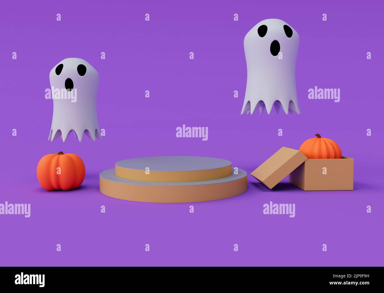 3d rendering of Halloween flying spooky, ghost, pumpkin, podium ...