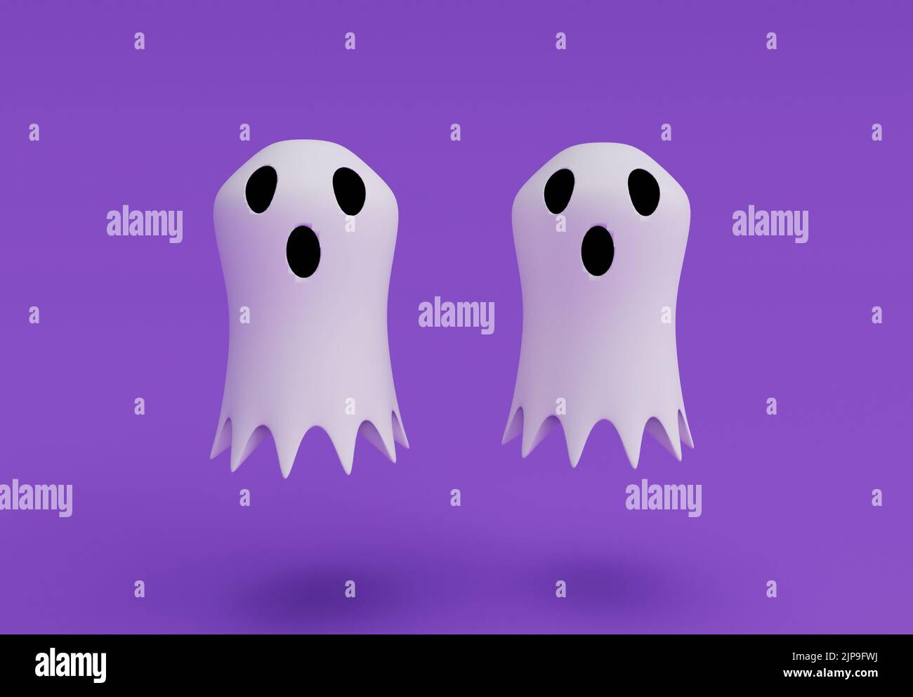 3d rendering of two white spooky ghost, design element, on purple ...