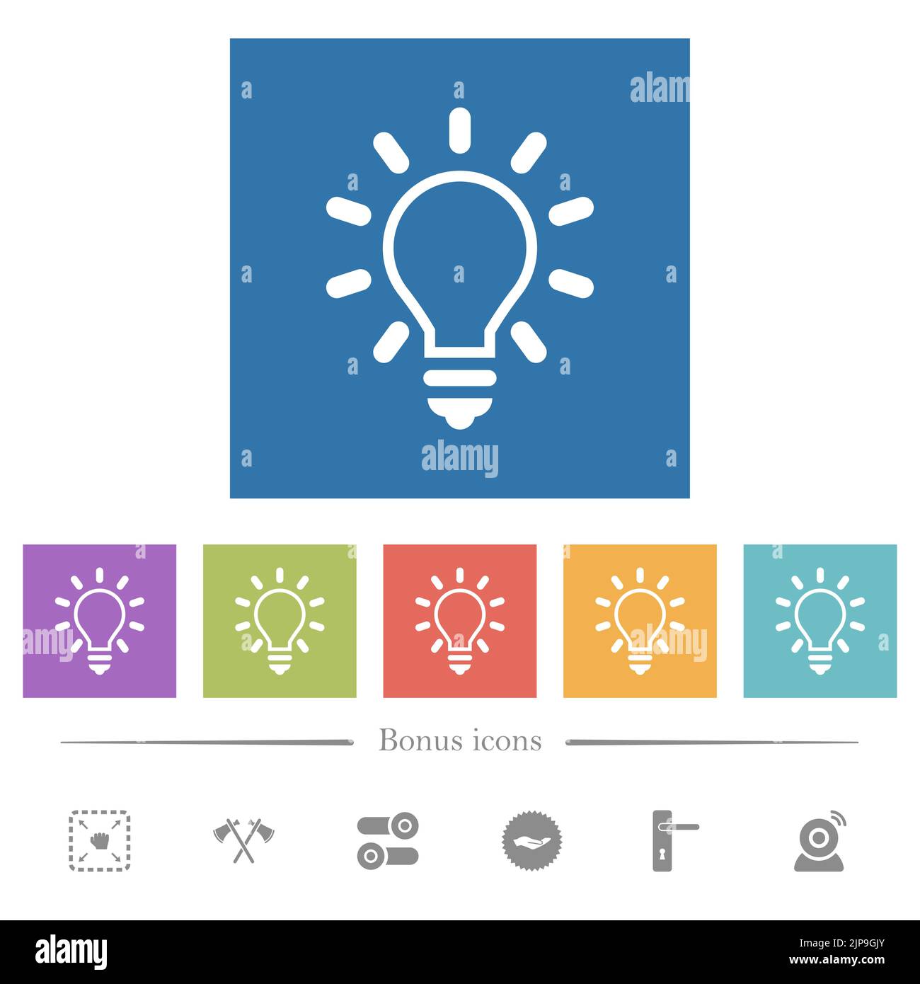 Lighting bulb outline flat white icons in square backgrounds. 6 bonus ...