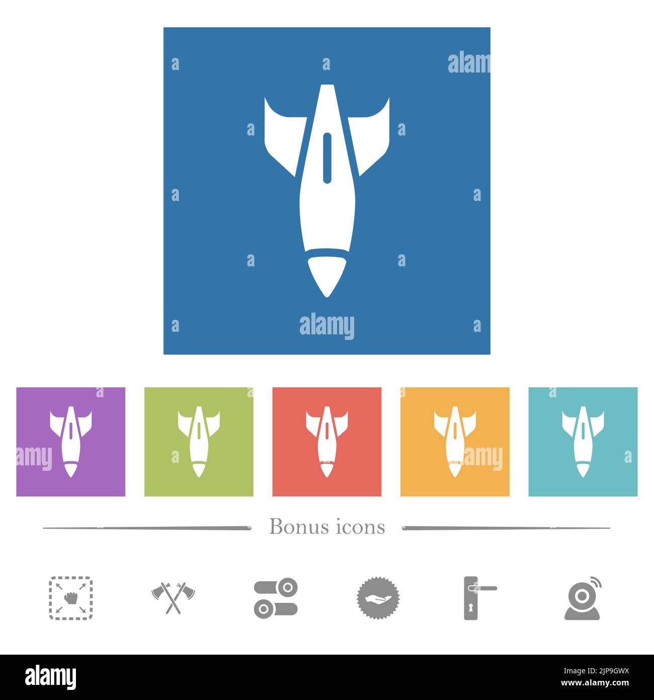 Falling bomb flat white icons in square backgrounds. 6 bonus icons ...