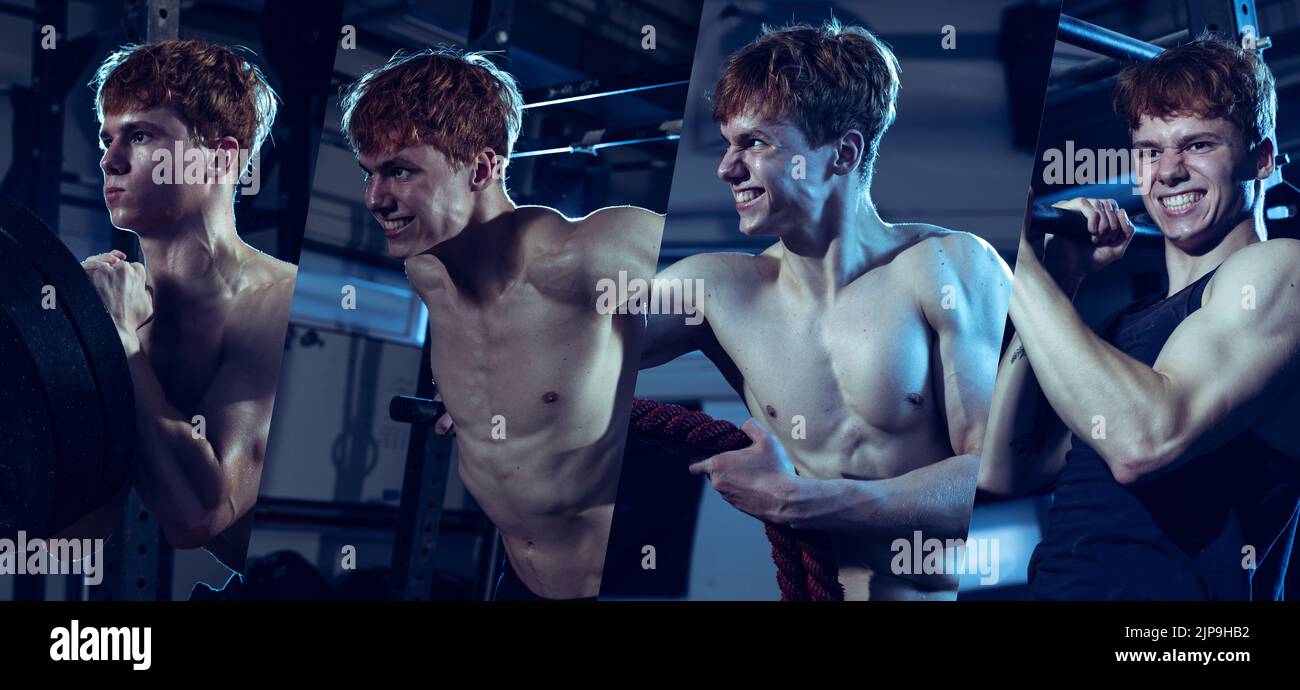 Collage. Young muscular man training, doing pull up exercises isolated ...