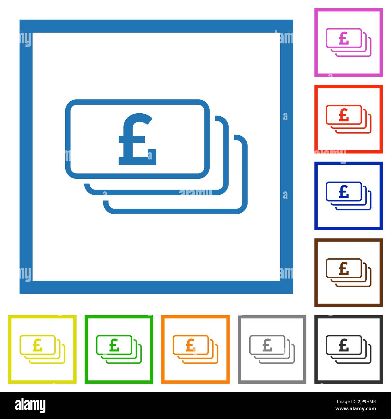 English Pound banknotes outline flat color icons in square frames on ...