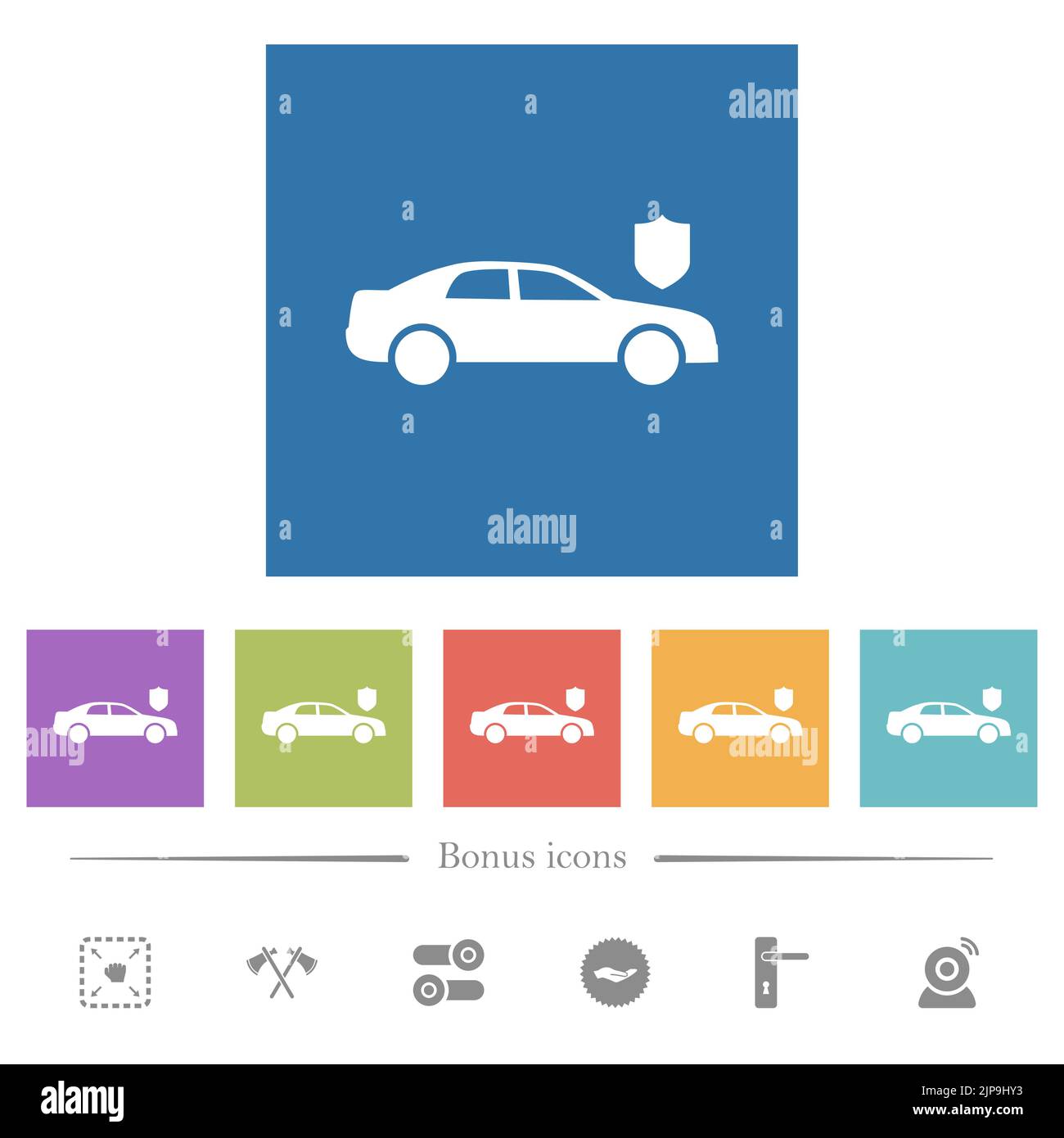 Car security solid flat white icons in square backgrounds. 6 bonus ...