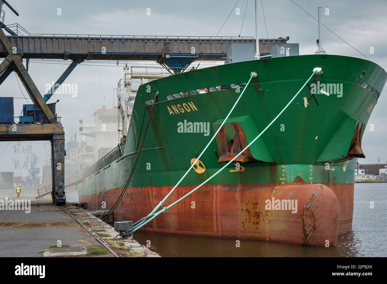 Cargo ship "Angon" docked in the port of St Nazaire unloading cereals ...