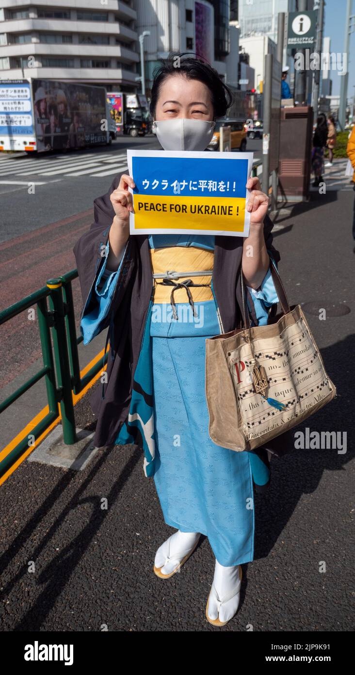 A beautiful Japanese woman in a blue and yellow Kimono in the colours ...
