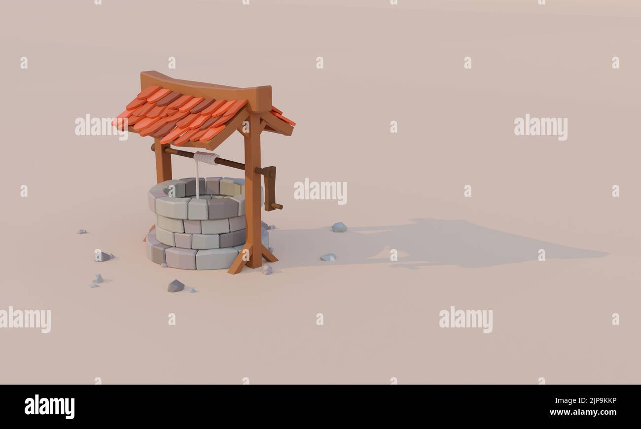 Illustration of low poly well placed on light background with long ...