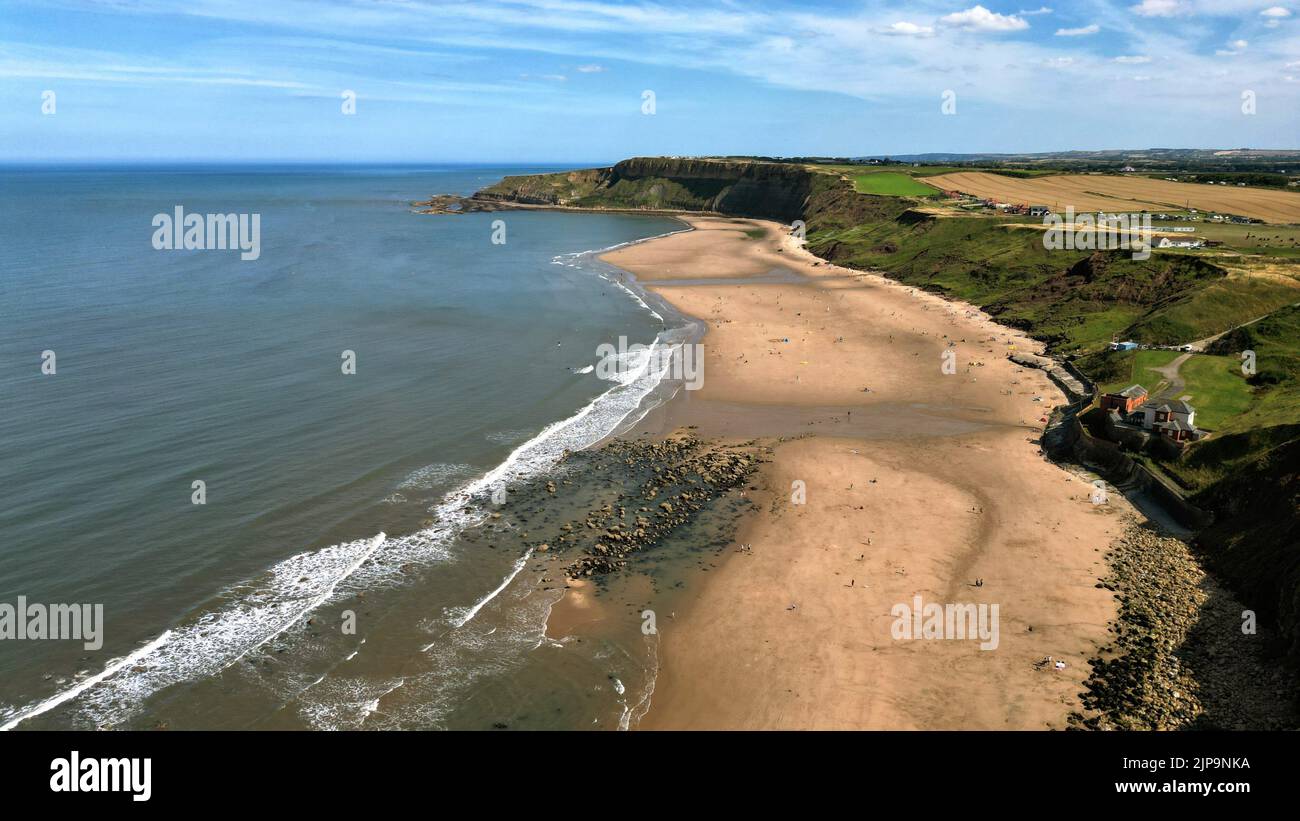An aerial view of Cayton Bay beach surrounded growing trees in ...