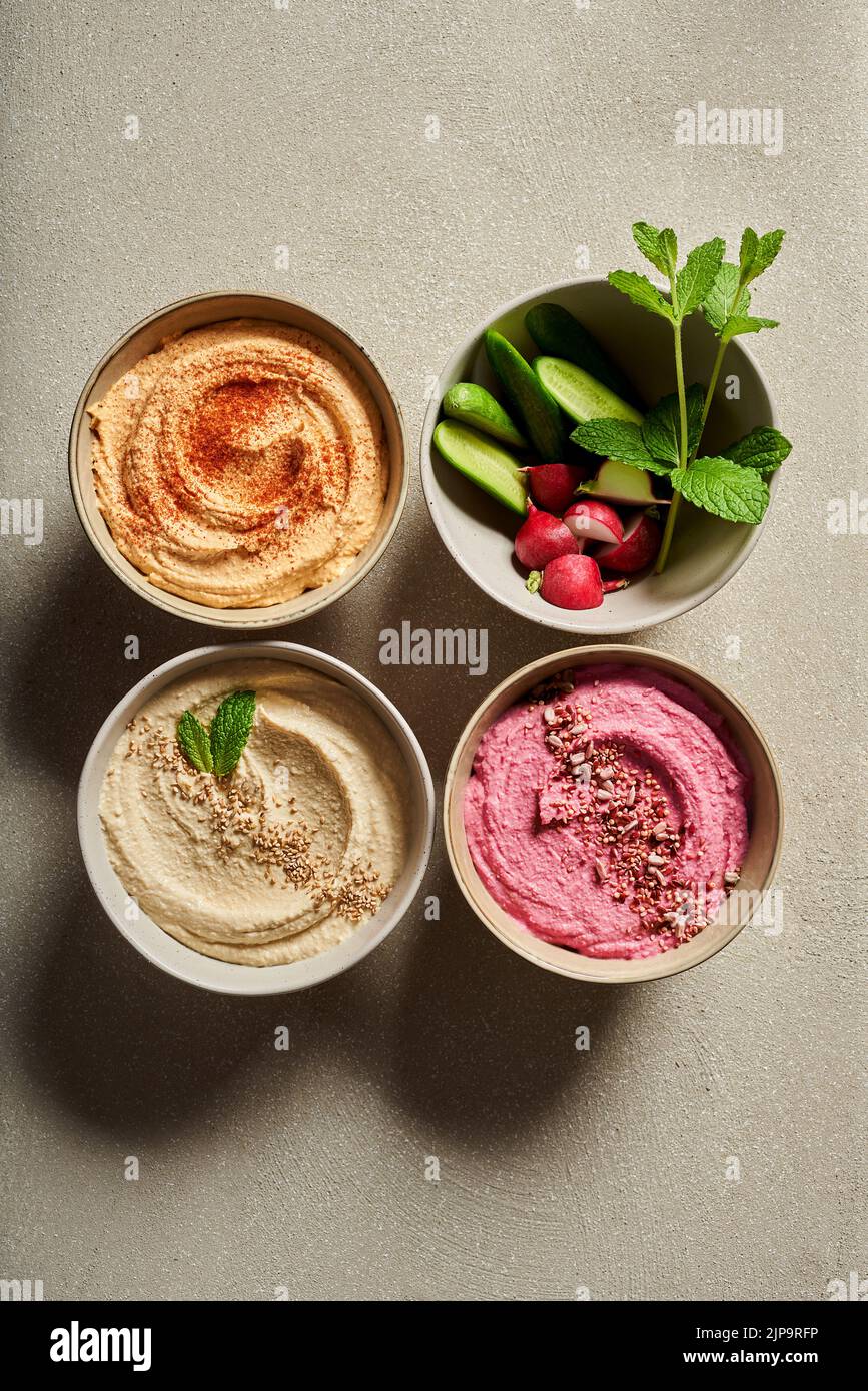 various, hummus, rote-bete-hummus Stock Photo - Alamy