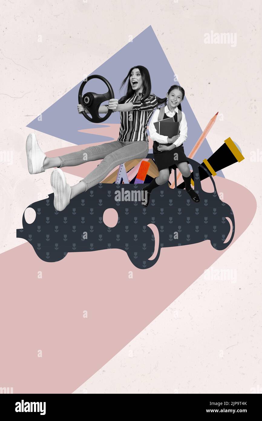 Vertical collage picture of two excited funny girls black white gamma ...