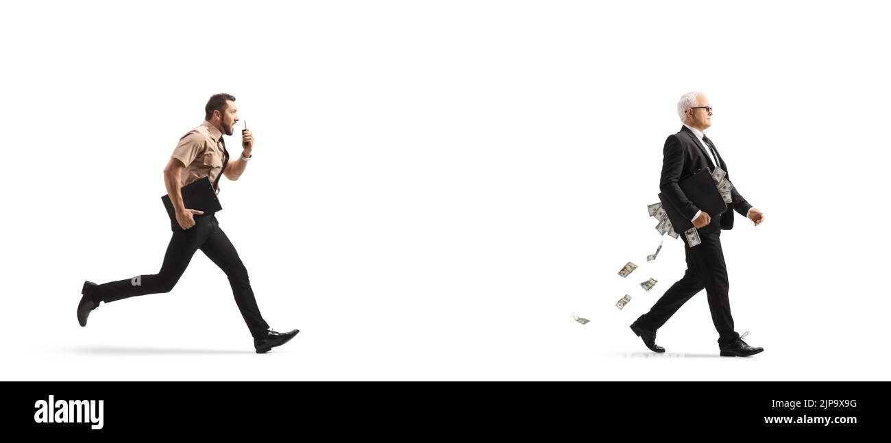 Full length profile shot of a security guard chasing a businessman with ...