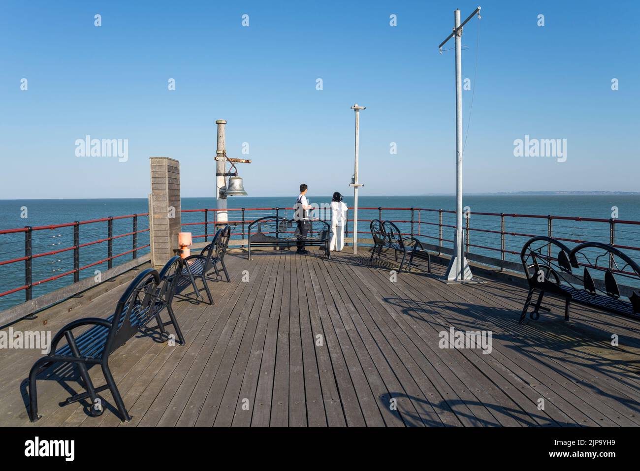 People at the end of Southend Pier looking out to the Thames Estuary ...