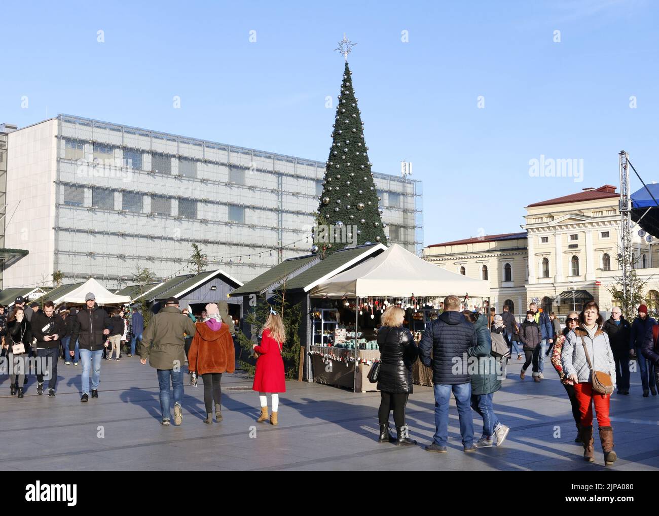 Traditional big christmas tree in front of modern building Stock Photo ...
