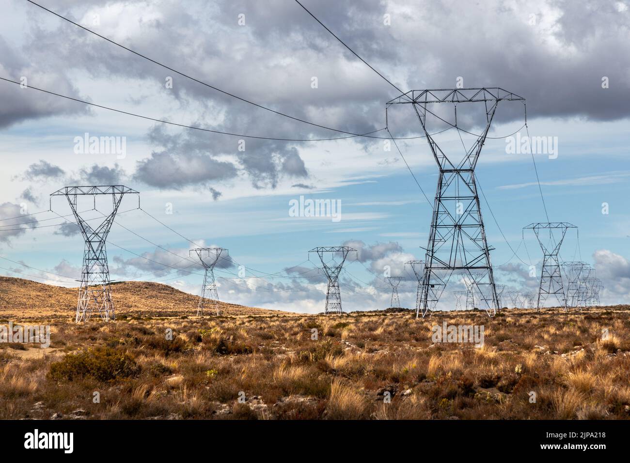 Overhead power lines run through the Rangipo Desert in Tongariro ...