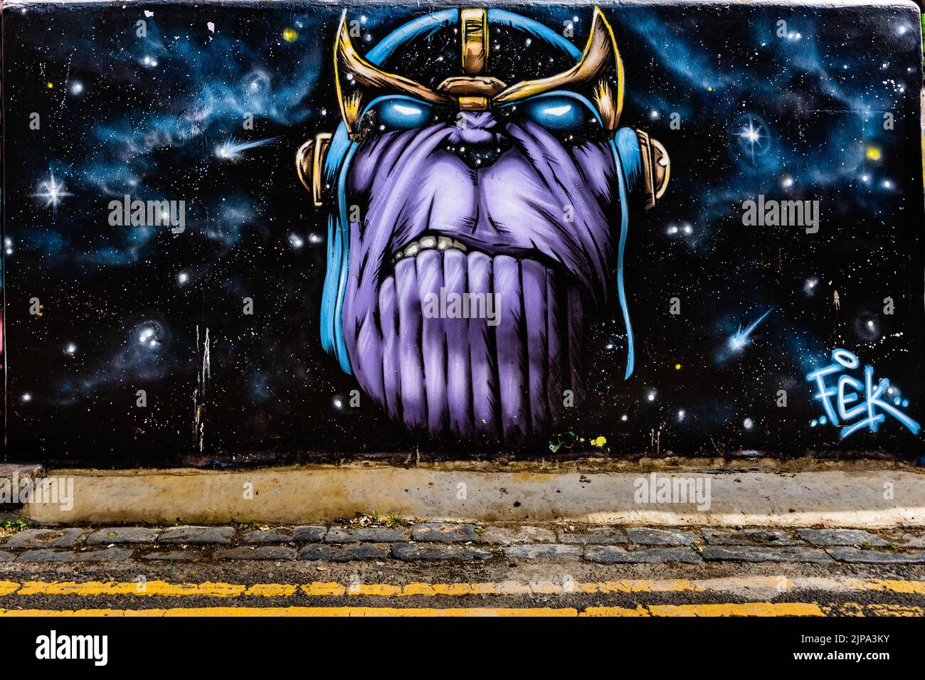 The Thanos comic book character graffiti in Trafalgar Lane Stock Photo ...
