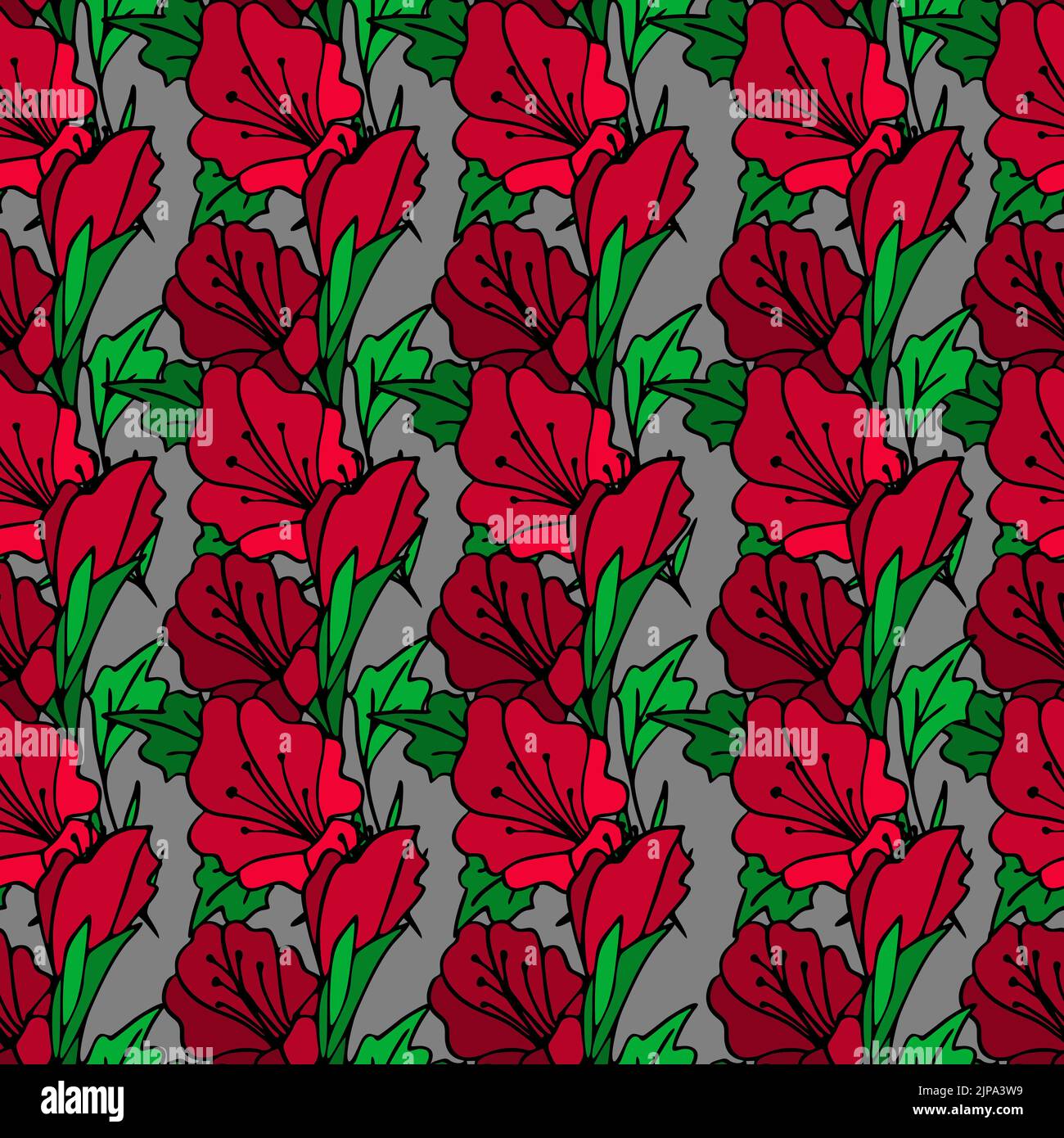seamless repeating pattern of large red flowers on a gray background ...