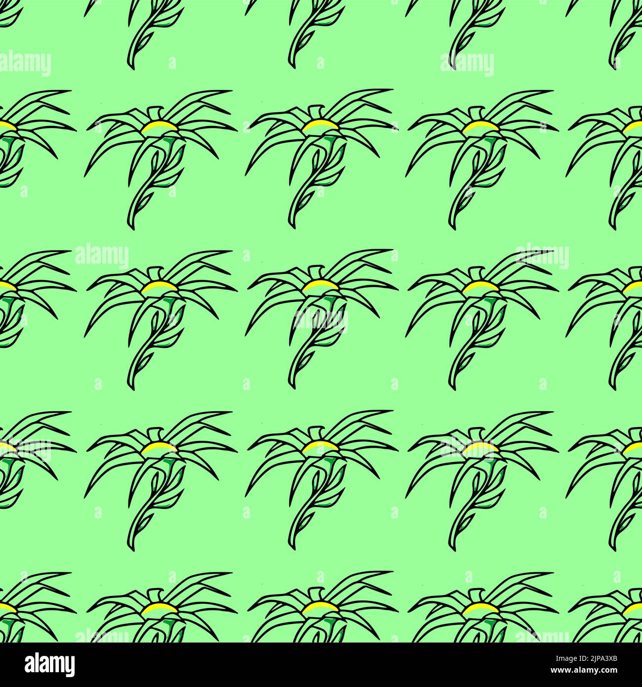 seamless floral pattern of black contour flowers on a green background ...