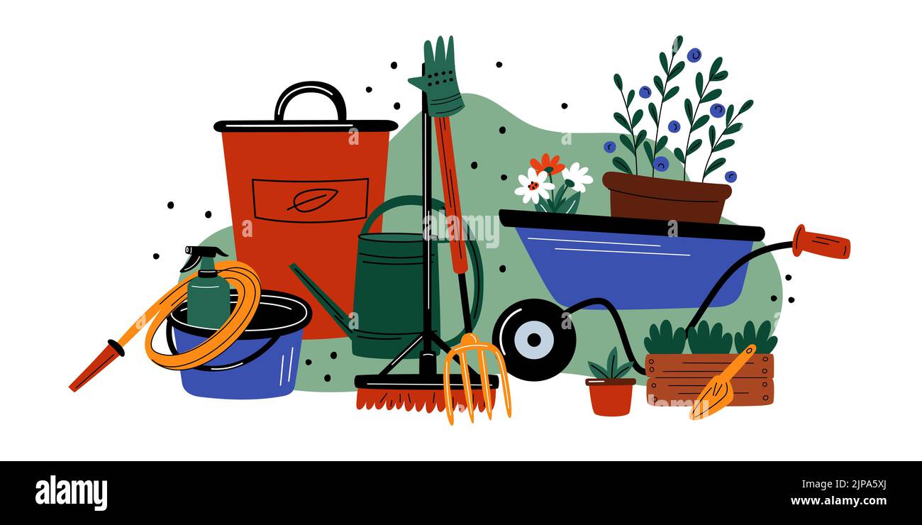 Garden landscape with tools. Different plants care accessories ...