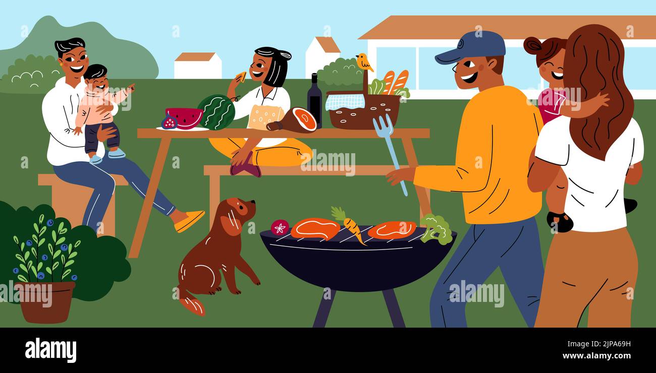 Picnic backyard. Happy neighbors with kids make barbecue. BBQ party ...