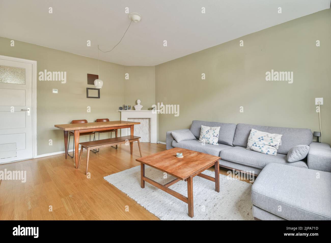 Simple expensive interior of living room with carpet and beige sofa ...