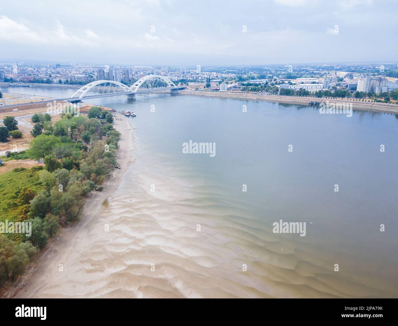 Low tide of the Danube river. The sandy bank of the Danube River near ...
