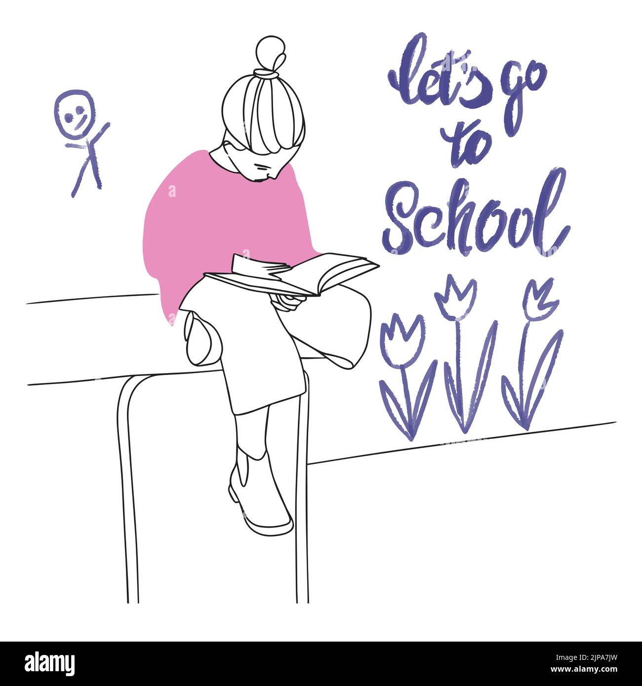 Lets go to school, handwritten inscription, girl schoolgirl reads a ...