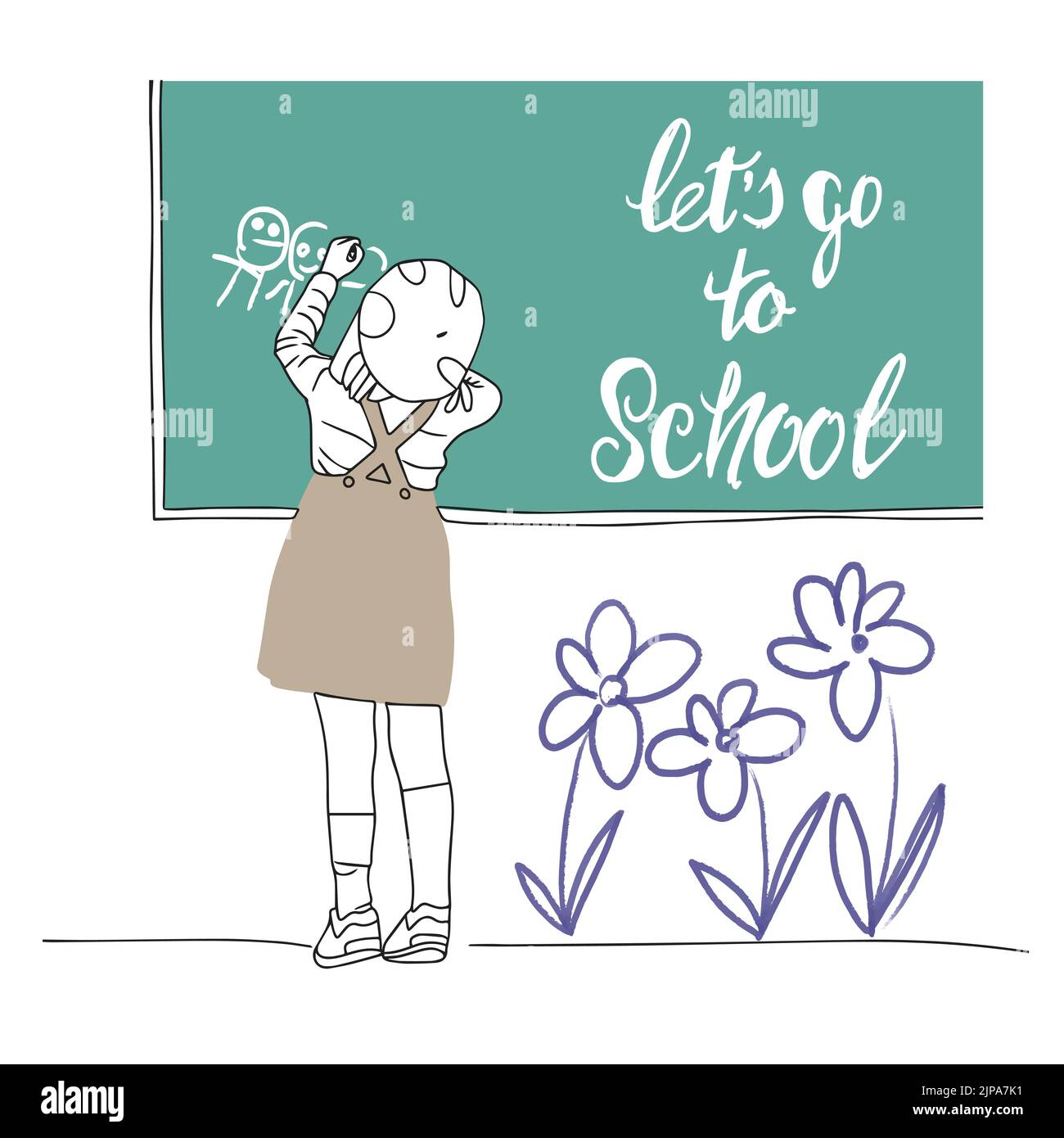 Lets go to school, handwritten lettering, girl schoolgirl draws on the ...