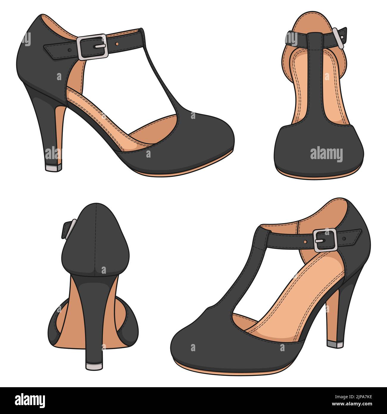 Set of color illustrations with black female shoes with clasp on the ...