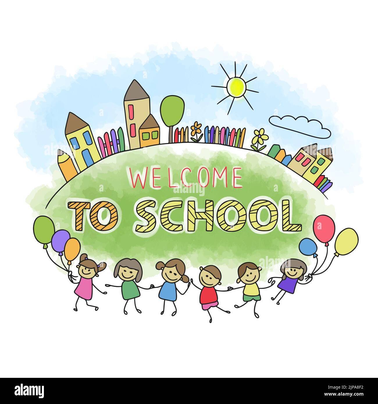 Welcome to school, handwritten quotes, cartoon kids joyful with ...