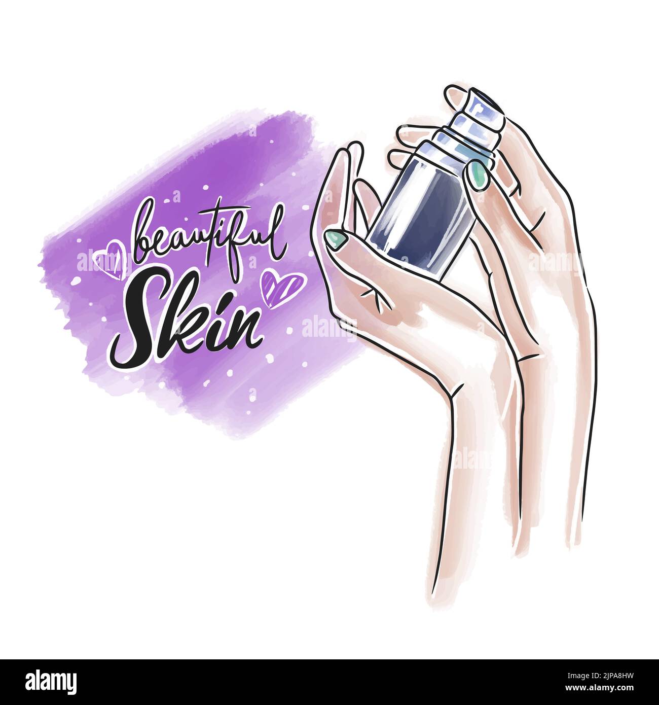 Beautiful skin, handwritten lettering, skin care cosmetics, hands with ...