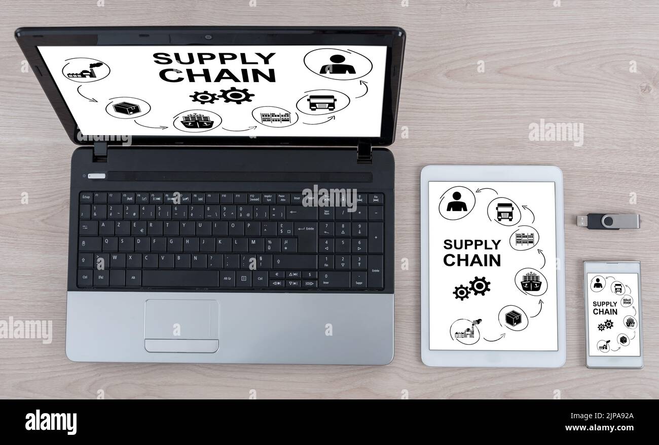 Supply chain concept shown on different information technology devices ...