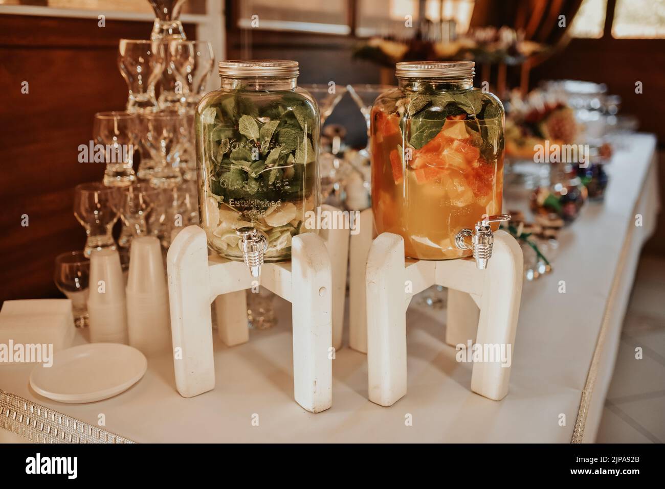 Catering. Drinks on wedding party. Cocktail glasses full of red alcohol ...