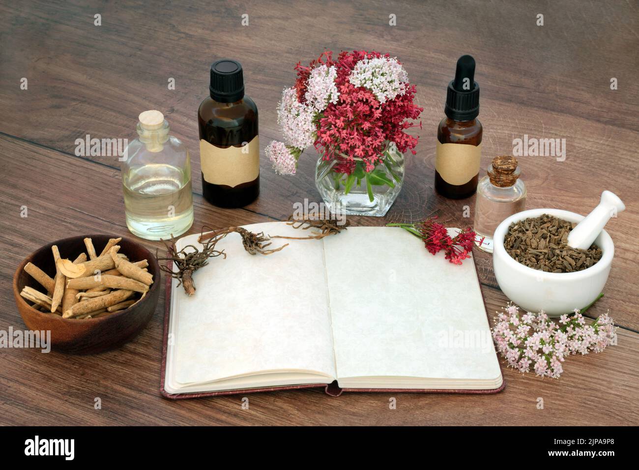 Valerian herb root and ashwagandha ginseng herbal plant medicine with ...