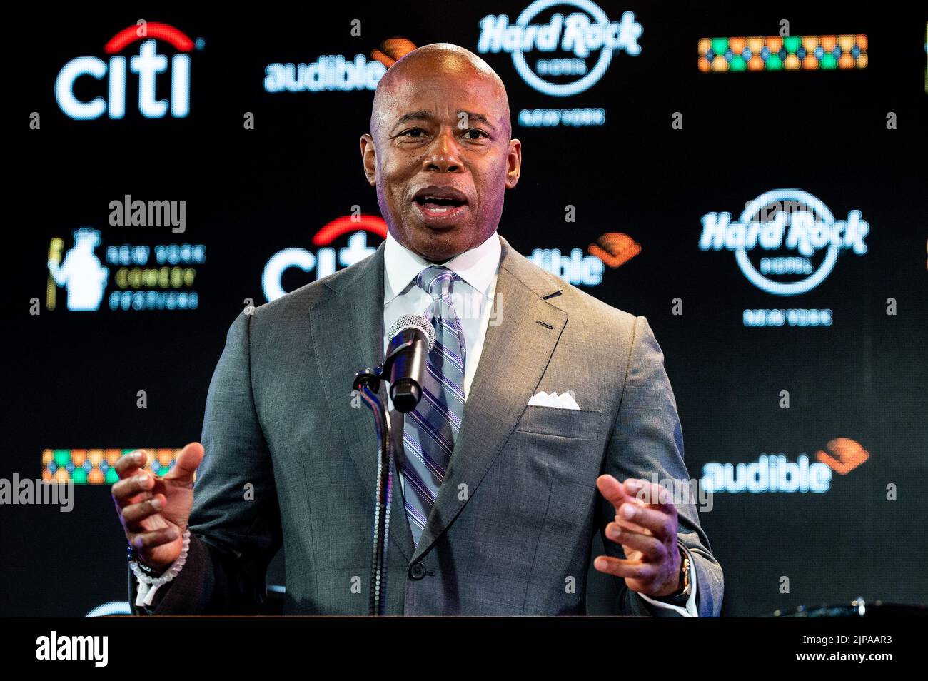 New York City Mayor Eric Adams (D) speaking at a press conference to ...