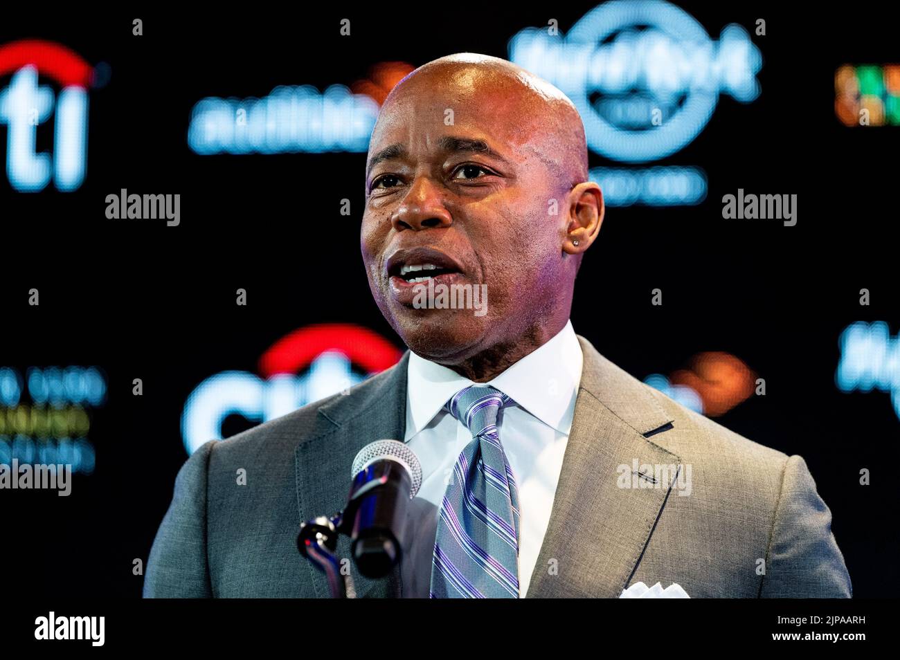 New York City Mayor Eric Adams (D) speaking at a press conference to ...