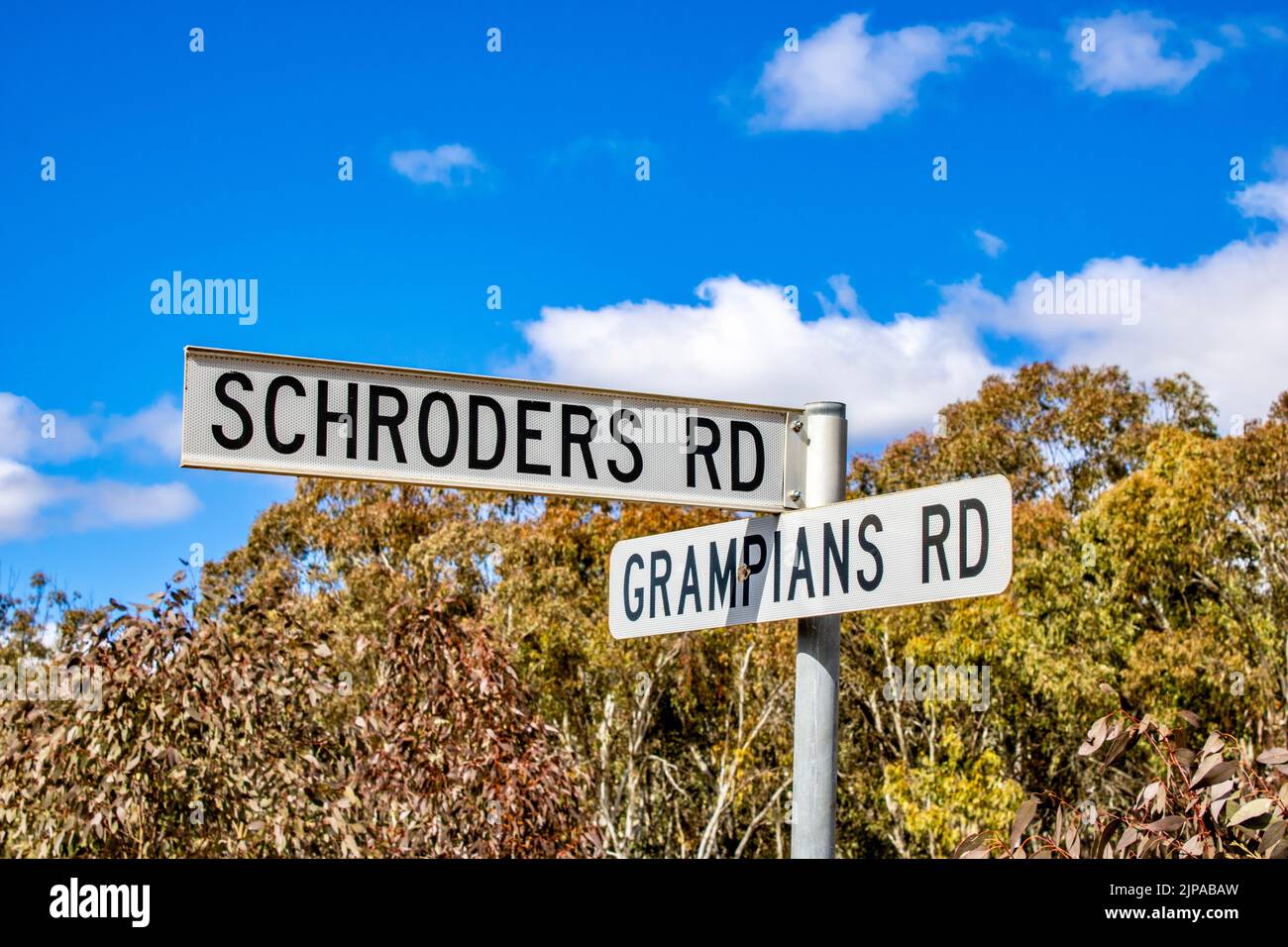 A sign on Grampians Road And Schroders Road at Emmaville Stock Photo ...